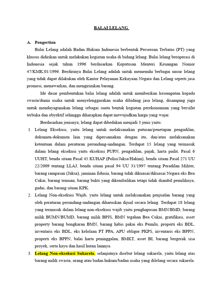 Summary Balai Lelang (Lelang Sukarela Objek Tetap) | PDF | Hukum