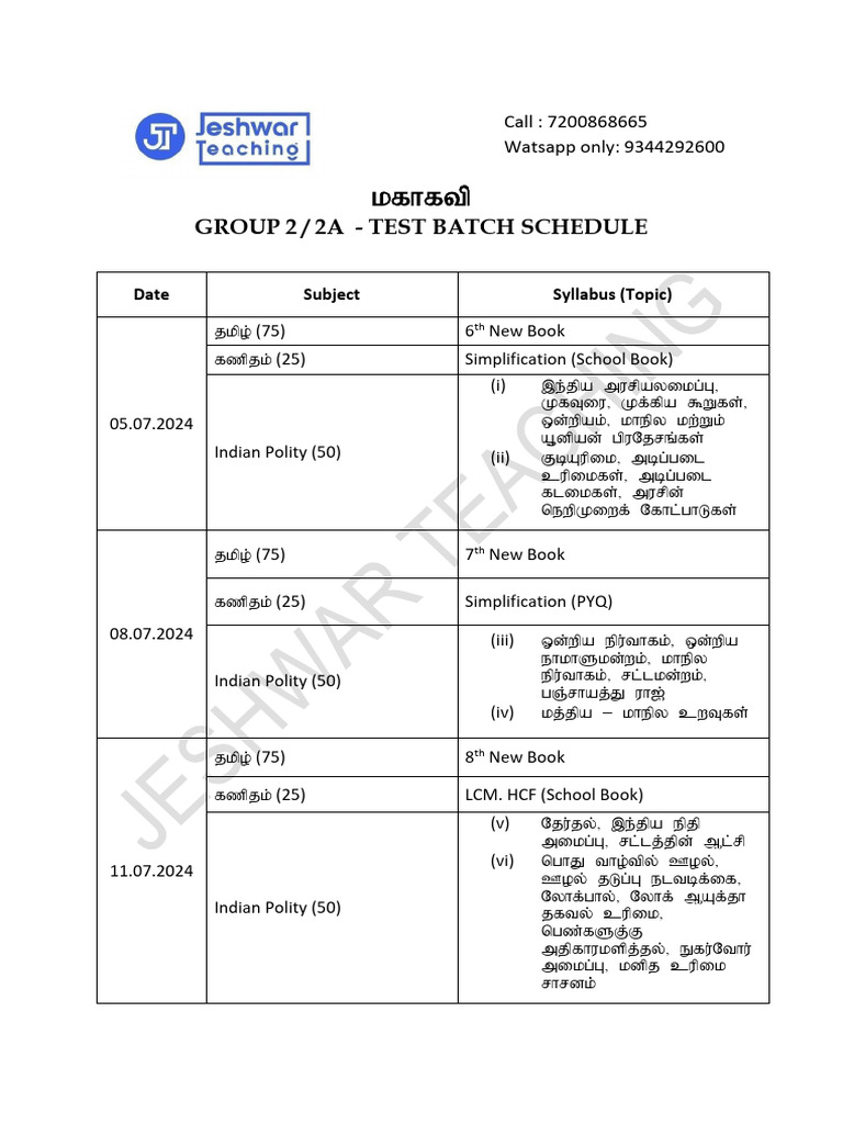 Jeshwar Teaching Batch Schedule 2024 | PDF