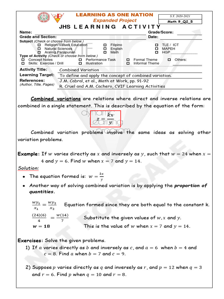 Las Combined Variation Pdf Equations Mathematics