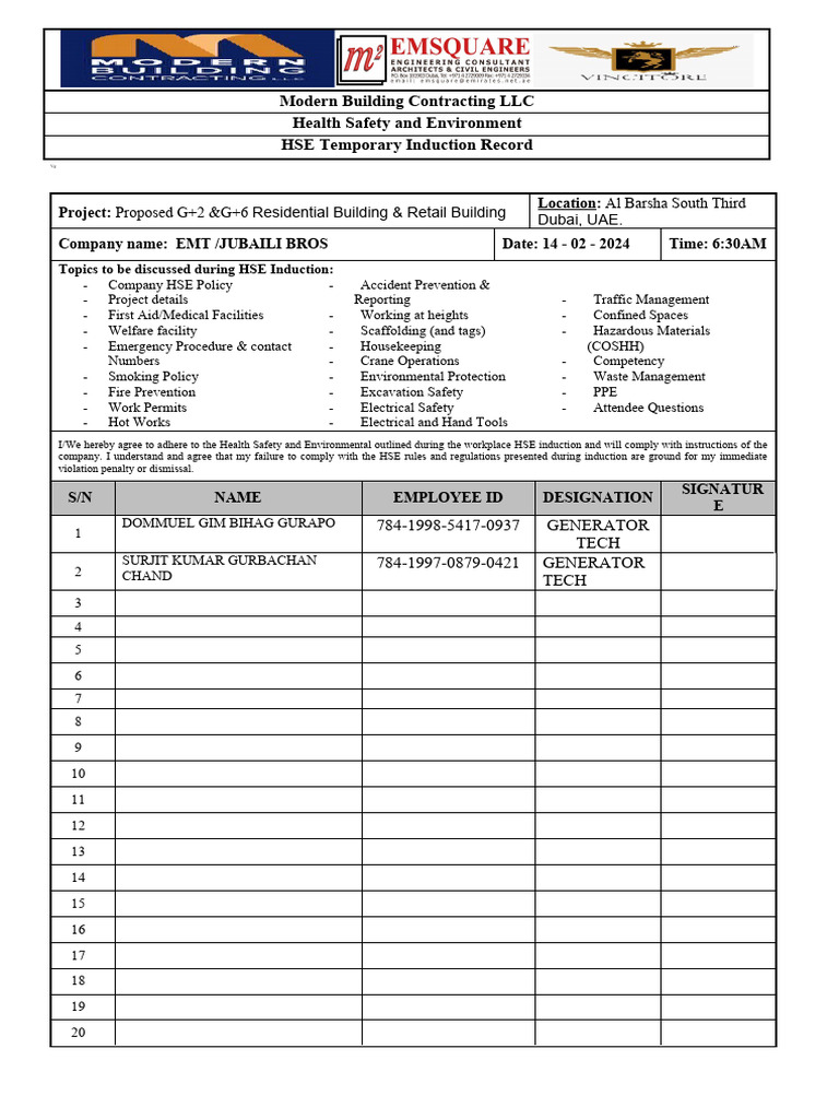 Induction Form | PDF | Workplace | Labor Relations