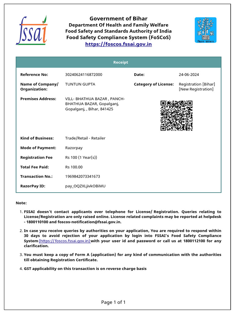 Bihar Food Safety Registration Receipt | PDF | Finance & Money Management