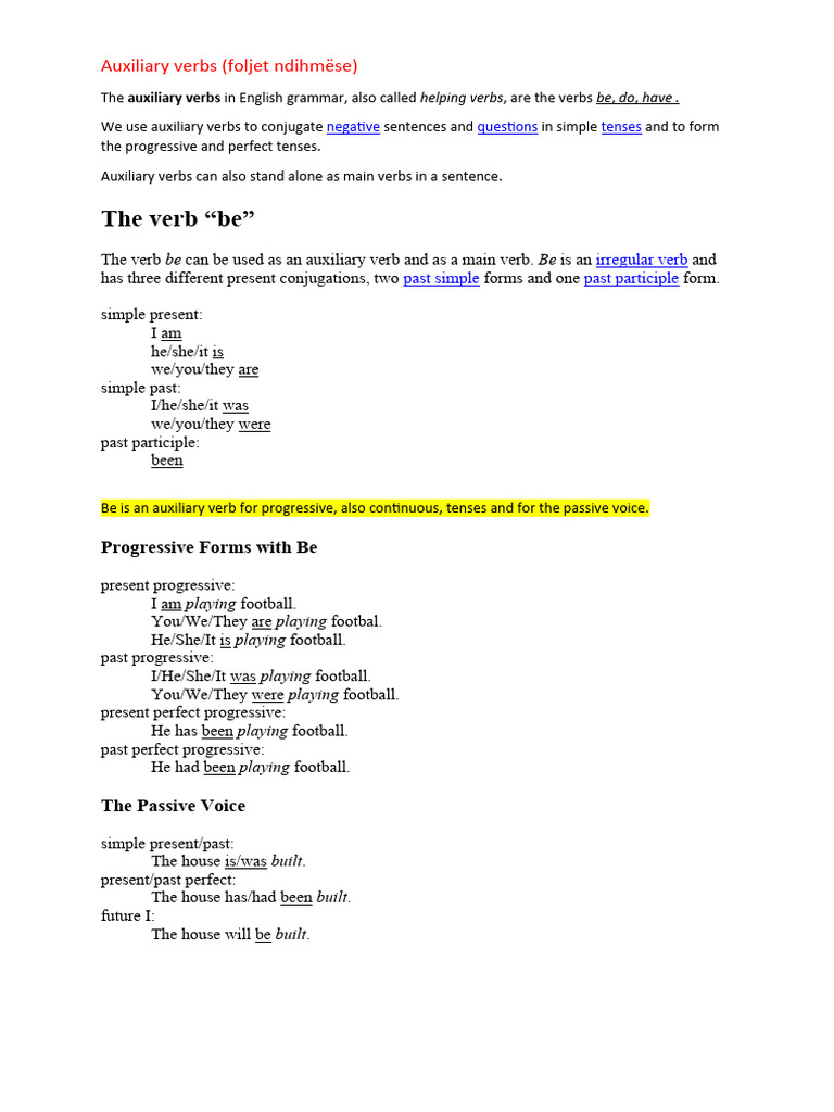 Auxiliary verbs be, have, do | PDF | Perfect (Grammar) | Verb