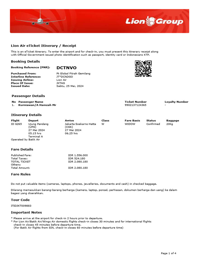 TIKET BATIK AIR - DCNDGO - 27 May UPG CGK MR A HAMZAH | PDF | Bisnis | Pengelolaan Keuangan & Uang