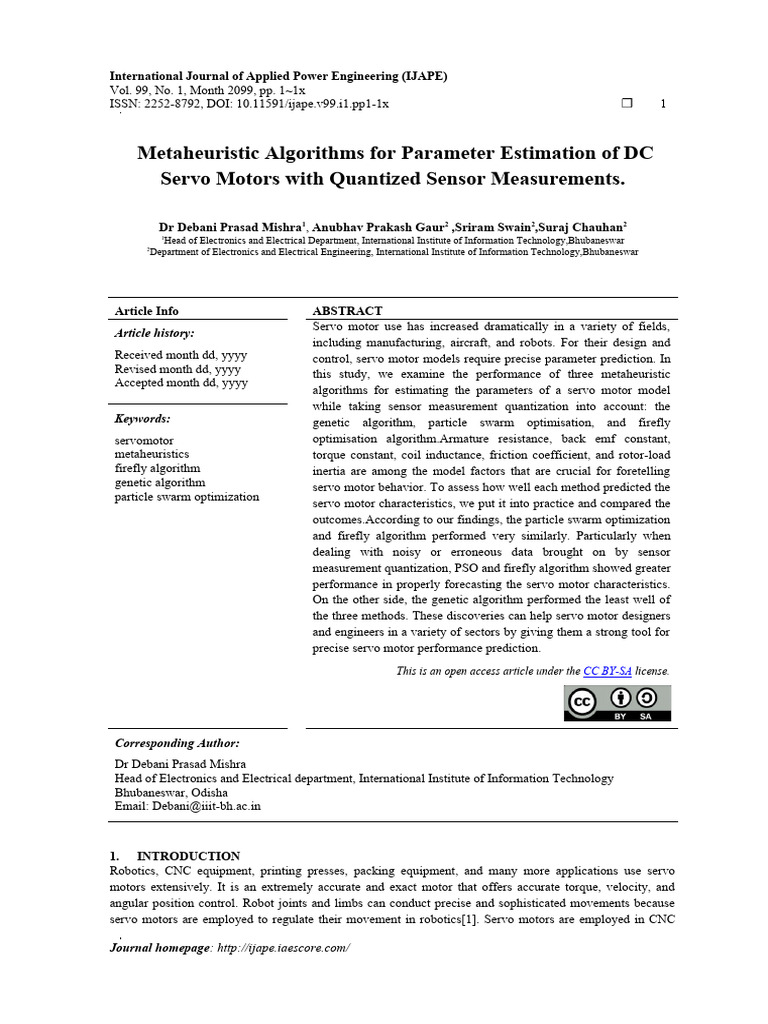 Metaheuristic Algorithms For Parameter Estimation of DC Servo Motors With Quantized Sensor ...