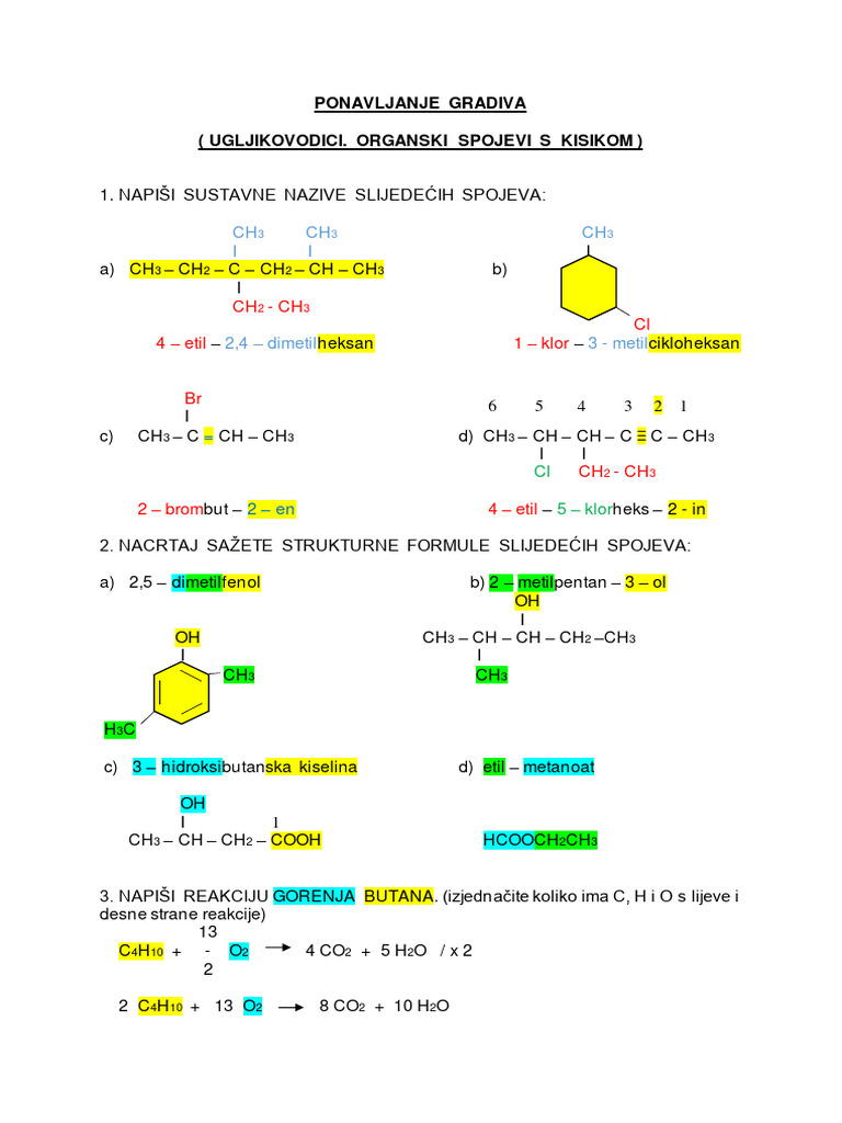 Ponavljanje Gradiva - Ugljikovodici, Organski Spojevi S Kisikom | PDF