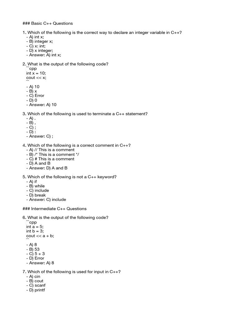 Basic C++ Quiz | PDF