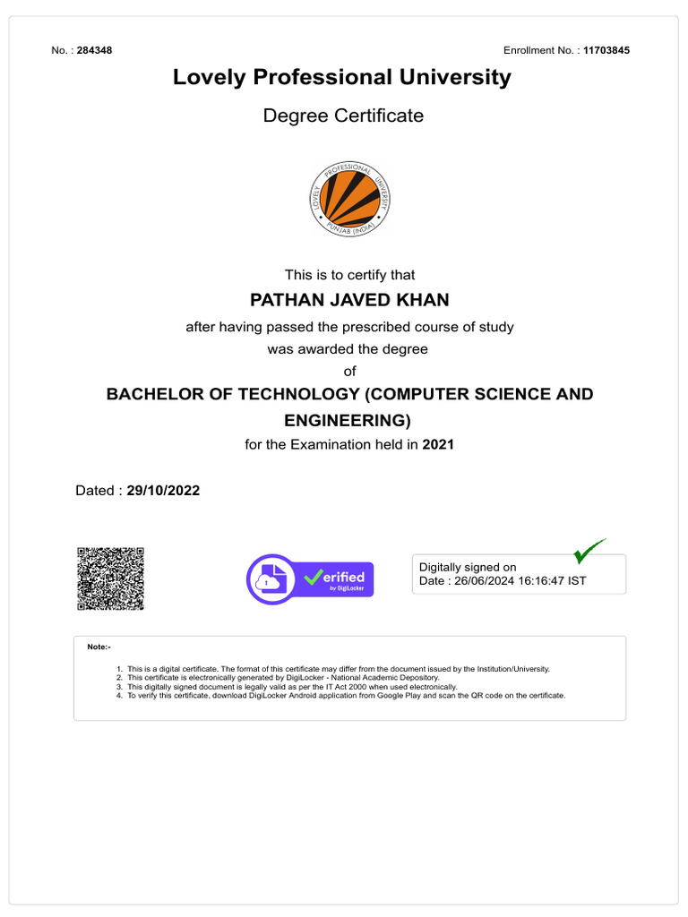 DigiLocker Degree Certificate for Javed Khan | PDF