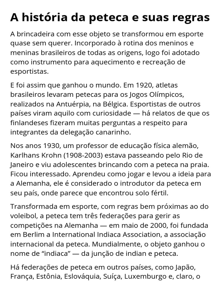 A História Da Peteca e Suas Regras | PDF | Esportes