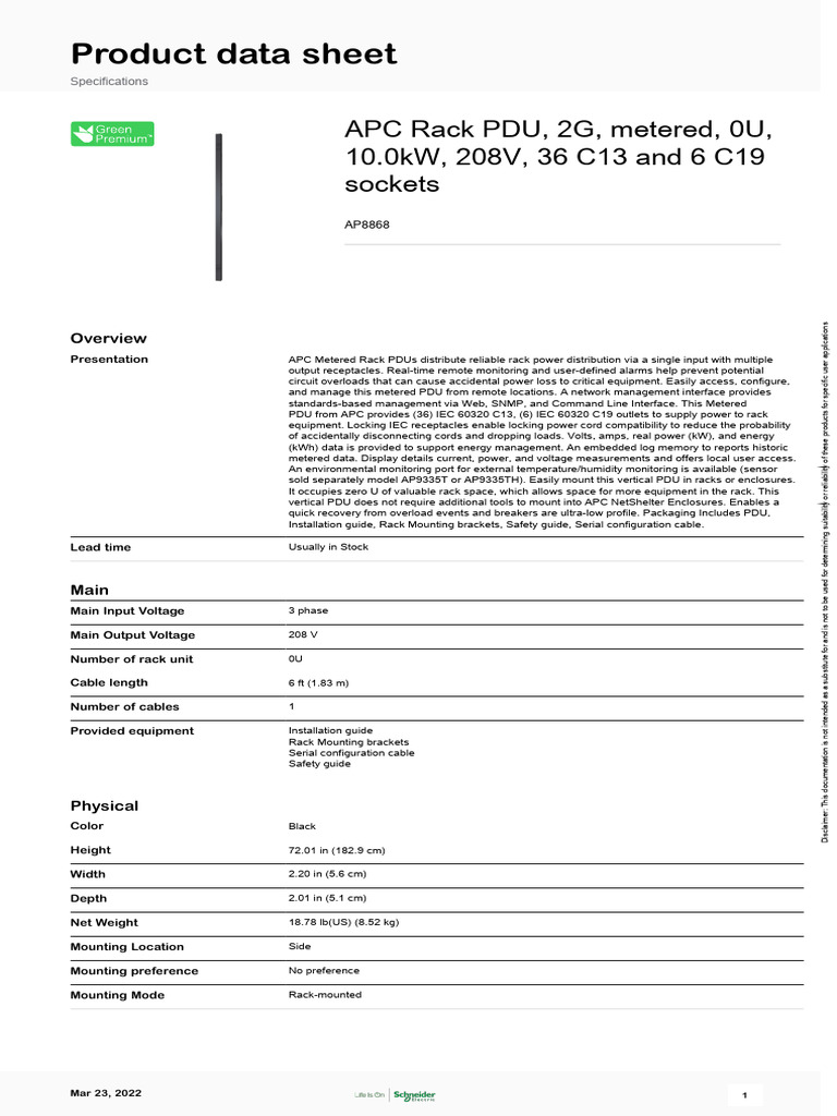 NetShelter Metered Rack PDUs - AP8868 | PDF | Electric Power ...