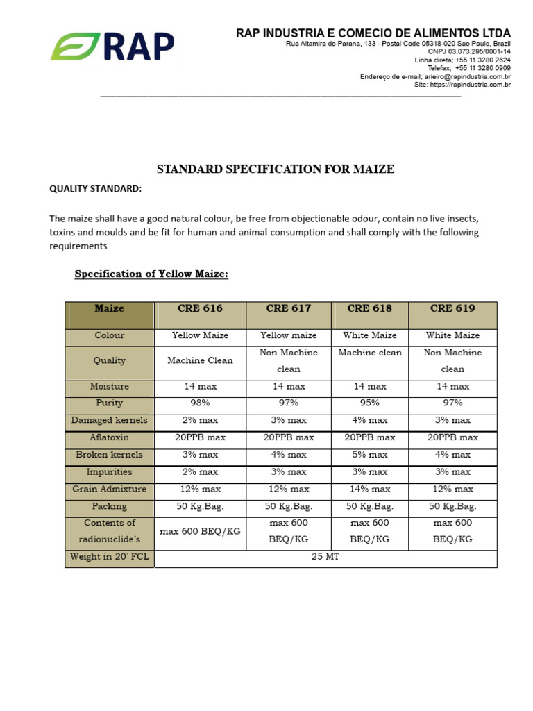 Yellow Corn For Annimal Feed Specification | PDF | Maize | Cereals