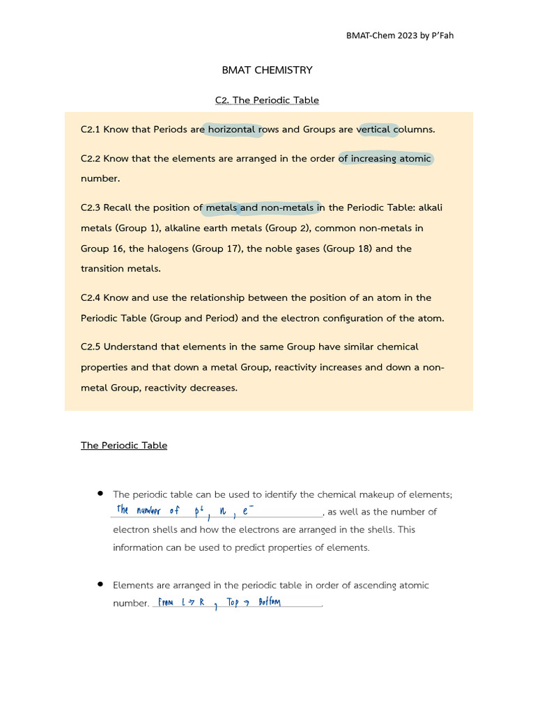 BMAT CHEMISTRY-c2-periodic Table | PDF | Periodic Table | Chemical Elements