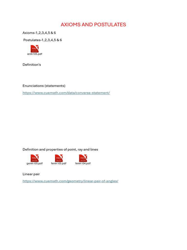 Axioms and Postulates | PDF | Teaching Methods & Materials | Science ...