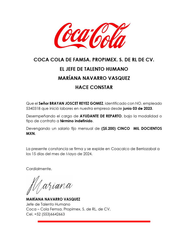Formato Carta Laboral Coca Cola | PDF | Deportes y actividades al aire ...