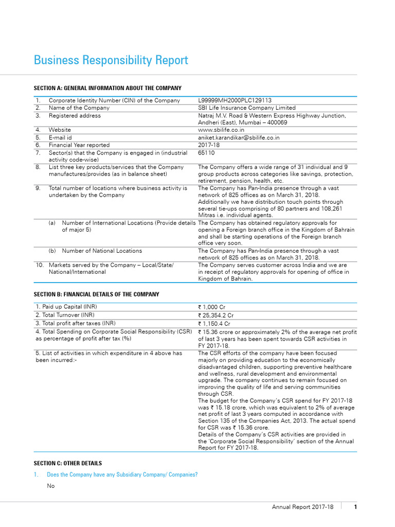 Business Responsibility Report FY 2017-2018 | PDF | Corporate Social ...