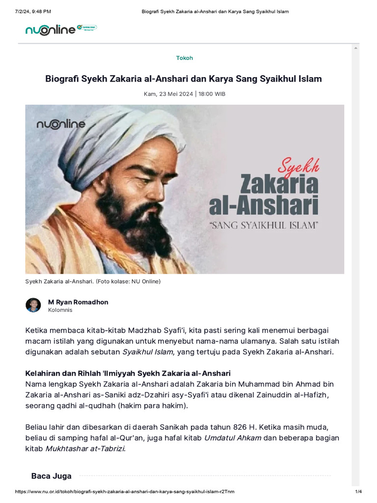 Biografi Syekh Zakaria Al-Anshari Dan Karya Sang Syaikhul Islam | PDF | Ilmu Sosial | Agama ...