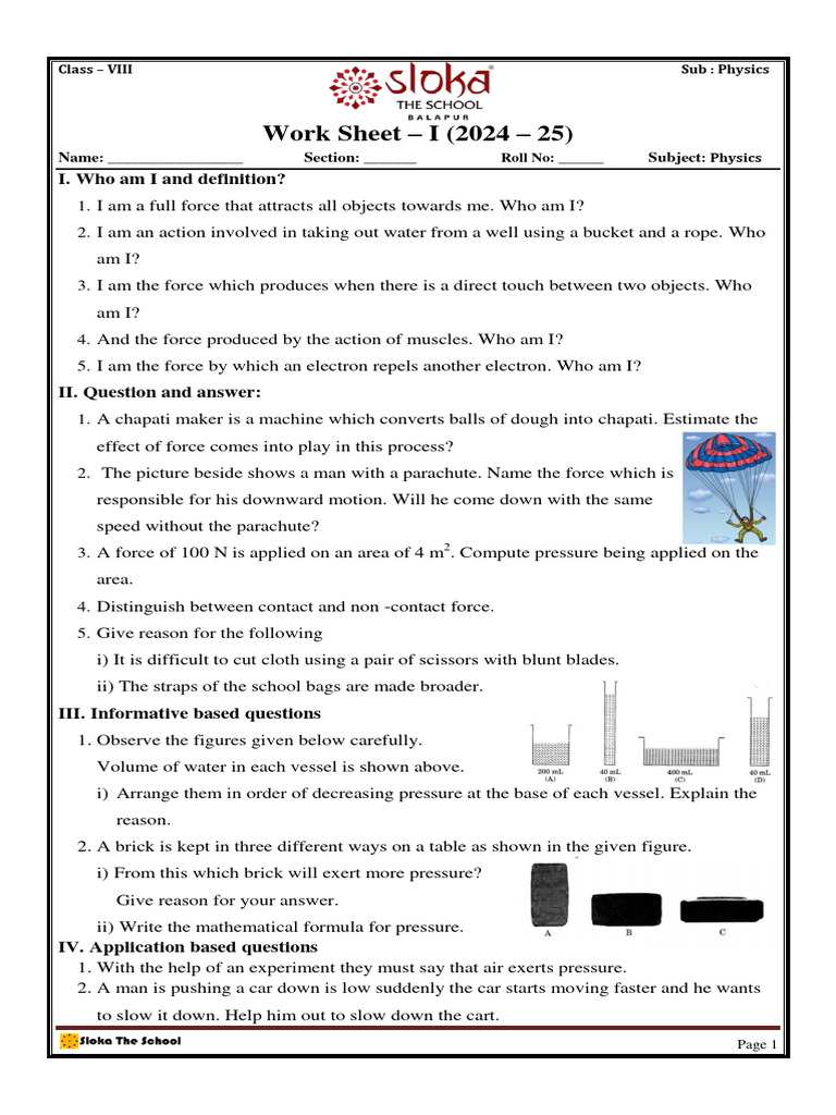 Grade - 8 Physics Workheet | PDF | Force | Weight