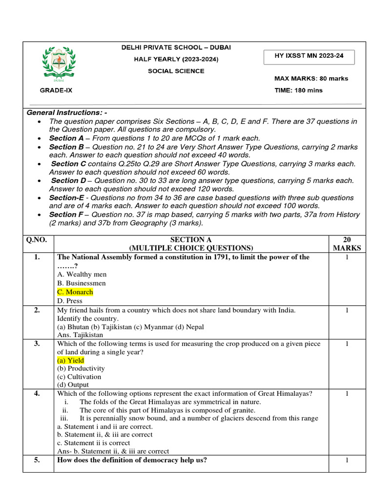 GRADE 9 SA1 SST SAMPLE PAPER (2023-2024) | PDF | Plateau | Democracy