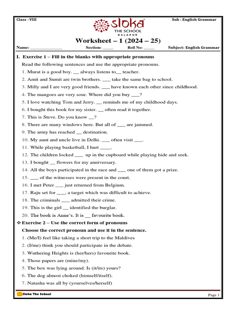 Grade - 8 Grammar Workshee - 1 | PDF | Noun | Syntax