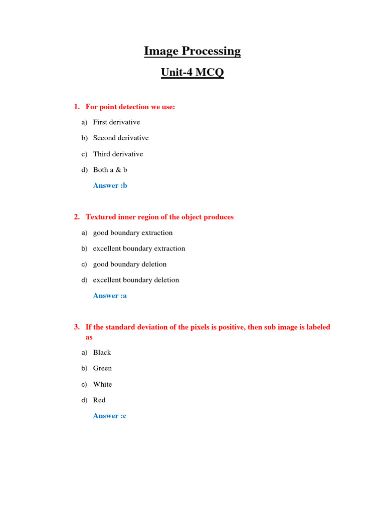 Image Processing - Unit - 4 - MCQ | PDF | Image Segmentation | Graphics