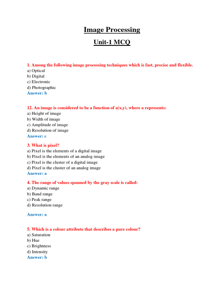 Image Processing Unit 1 MCQ | PDF | Image Segmentation | Image Resolution