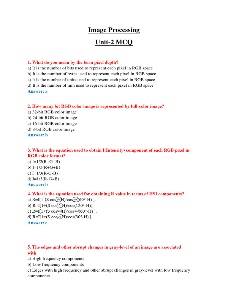 Image Processing - Unit - 2 - MCQ | PDF | Rgb Color Model | Filter (Signal Processing)