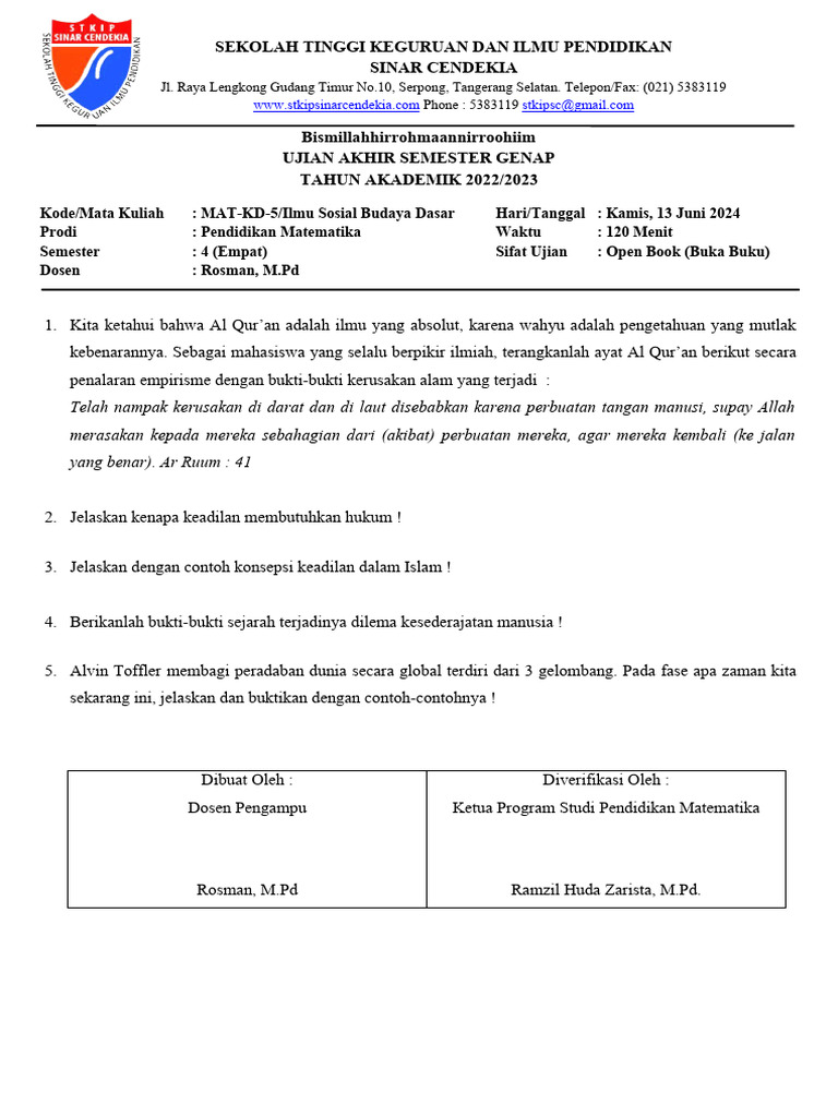 Soal Uas Isbd 2024 Prodi Matematika - Rosman, M.PD | PDF