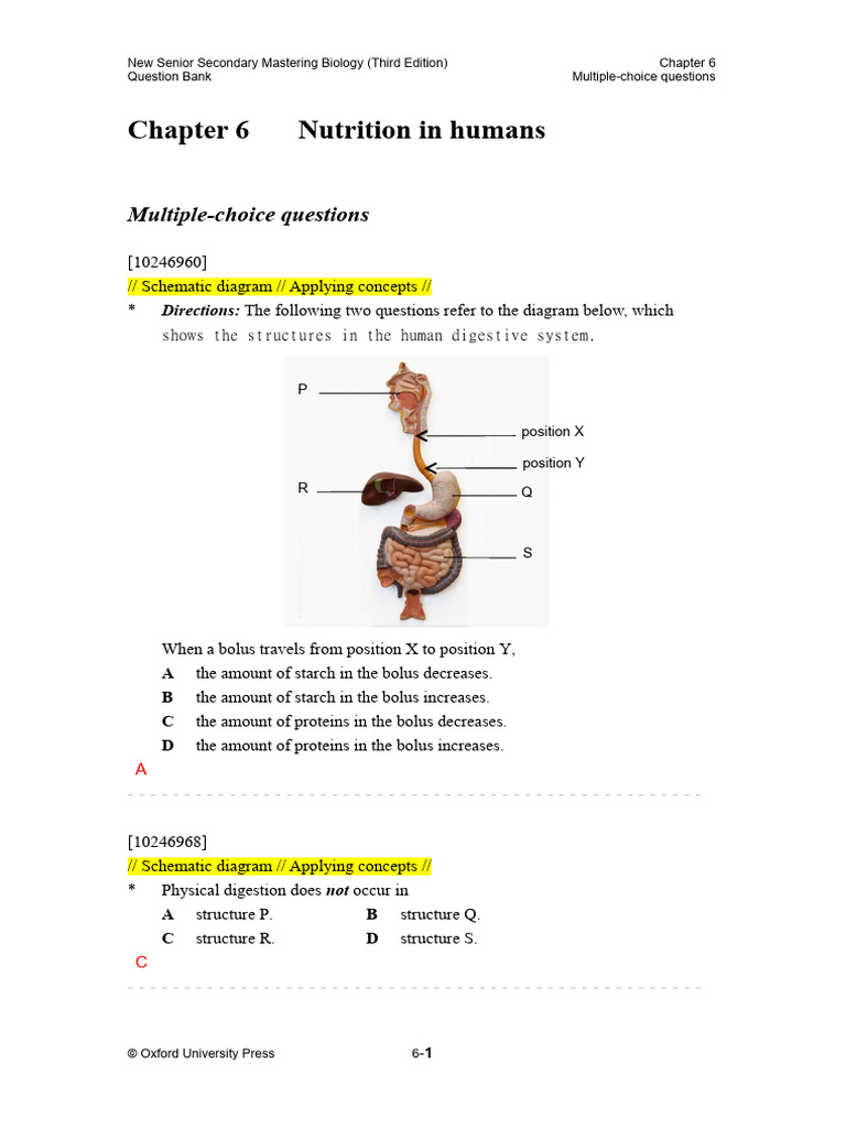 Nutrition in Humans: Multiple-Choice Questions | PDF | Digestion | Stomach