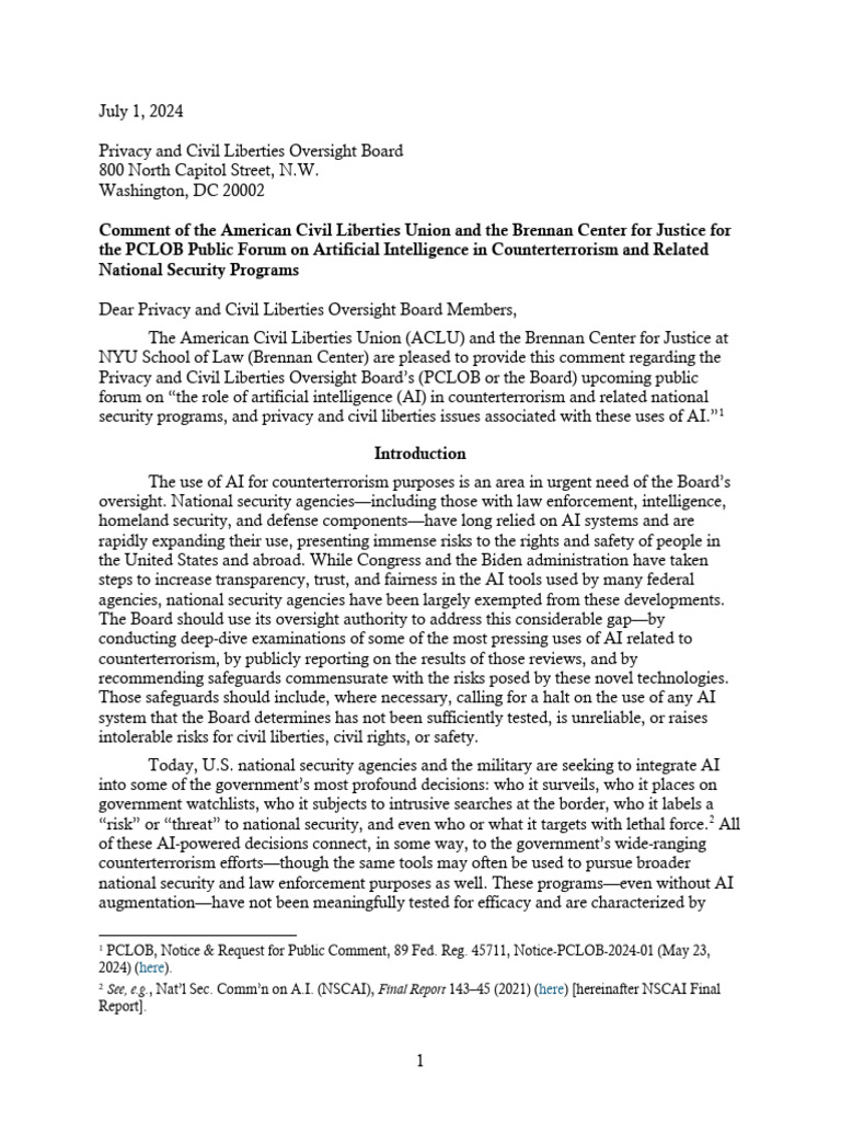 Comment of Brennan Center and ACLU Re PCLOB AI Review 7.1.24 | PDF ...