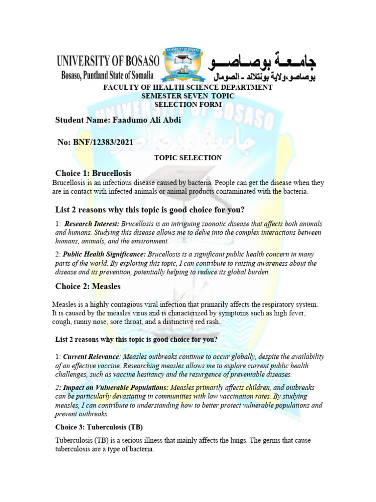 TOPIC SELECTION FORM | Download Free PDF | Measles | Infection