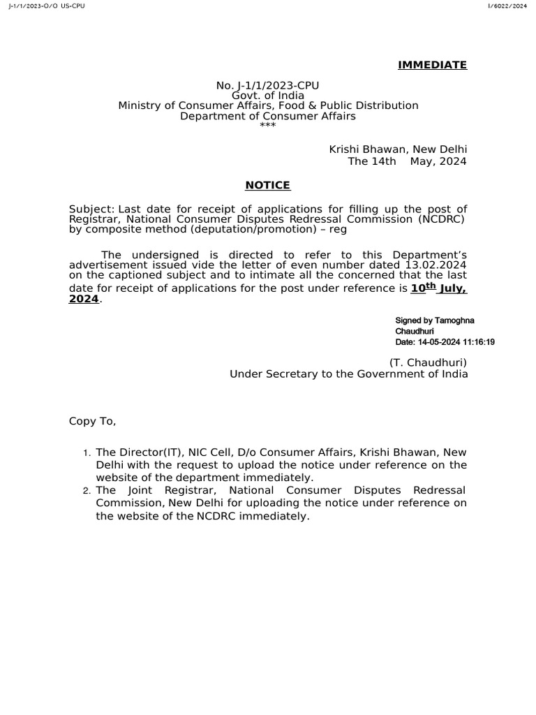 NCDRC Registrar Application Deadline Notice | PDF | Finance & Money ...