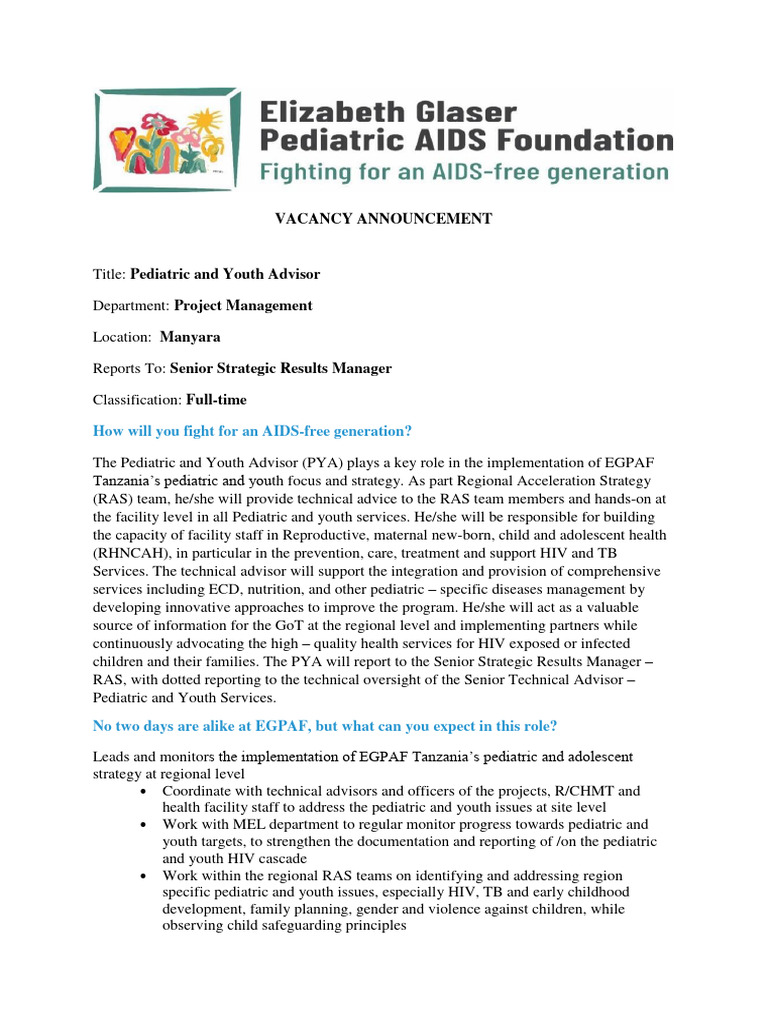 Pediatric and Youth Advisor - Manyara | PDF | Recruitment | Youth