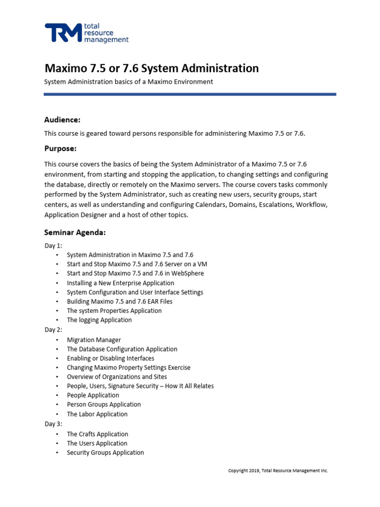Training Class Maximo 7.5 or 7.6 System Administration | PDF | Computers