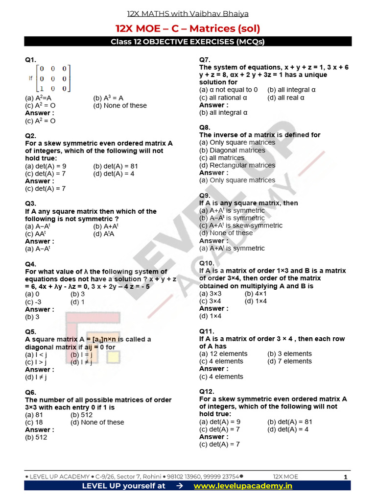 12X MOE - C - Matrices (Sol) | PDF | Matrix (Mathematics) | Algebra