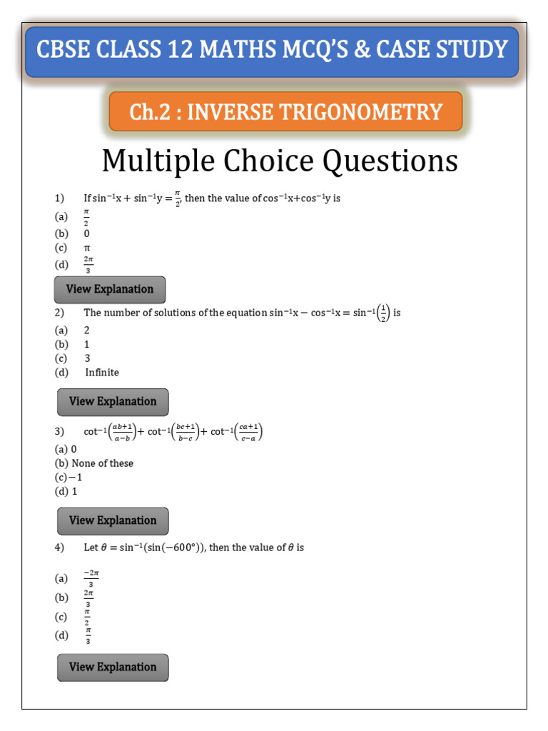 CBSE Class 12 Inverse Trigonometry MCQs | PDF | Pi | Equations