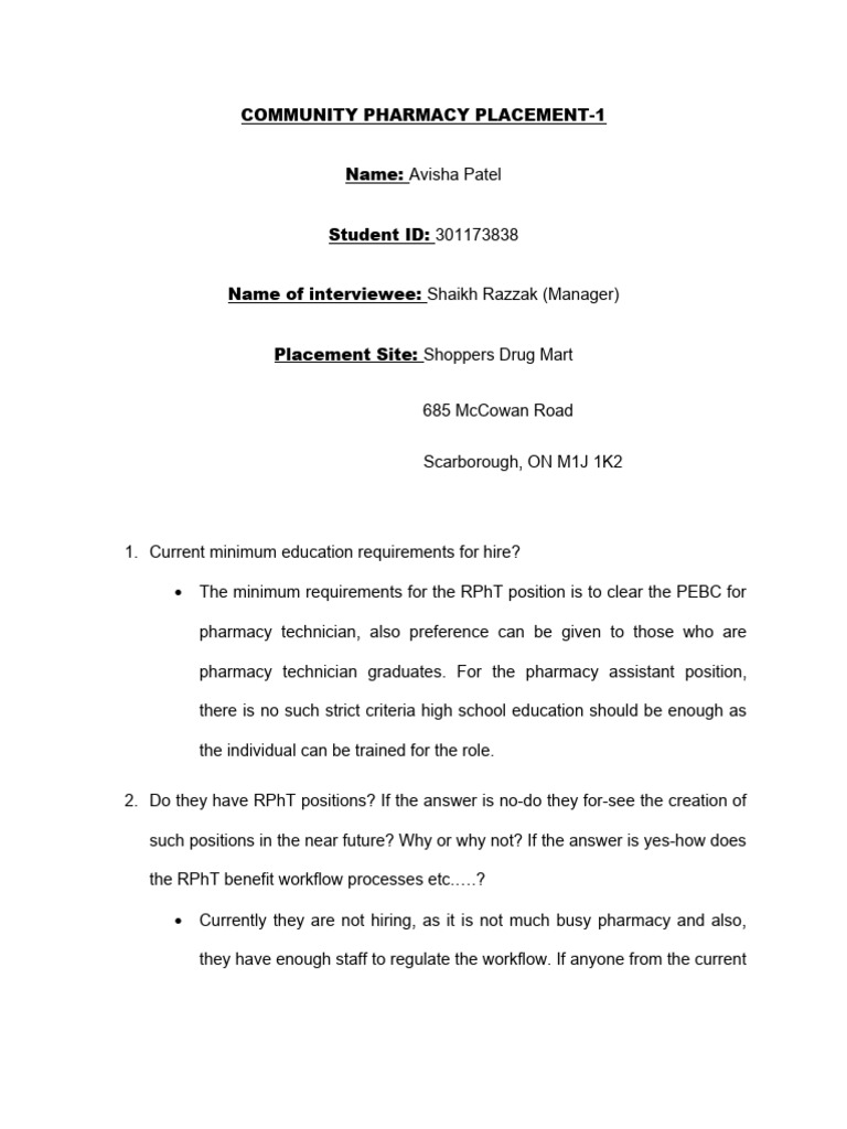 Community Pharmacy Placement - Assign1 | PDF | Pharmacy | Employment