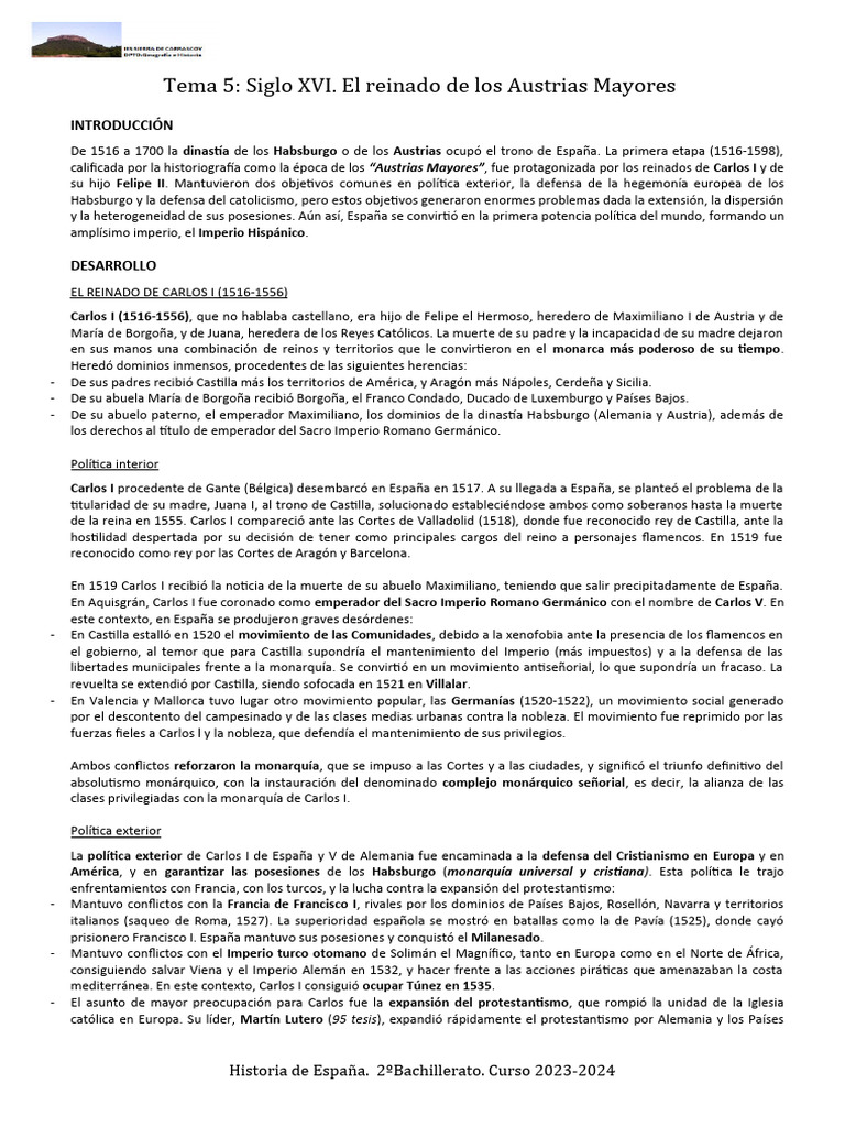 Tema 5. Siglo XVI - Los Austrias Mayores | PDF | Casa de los Habsburgo | Imperio español