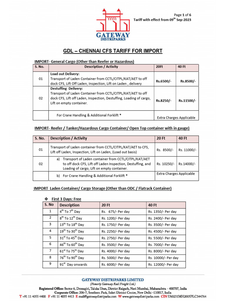 GDL - Chennai Tariff | PDF | Cargo | Freight Transport