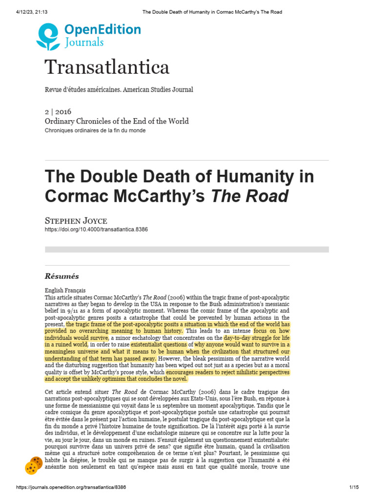 The Double Death of Humanity in Cormac McCarthy's The Road | PDF ...