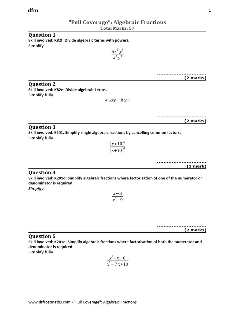 Full Coverage Algebraic Fractions | PDF | Equations | Factorization