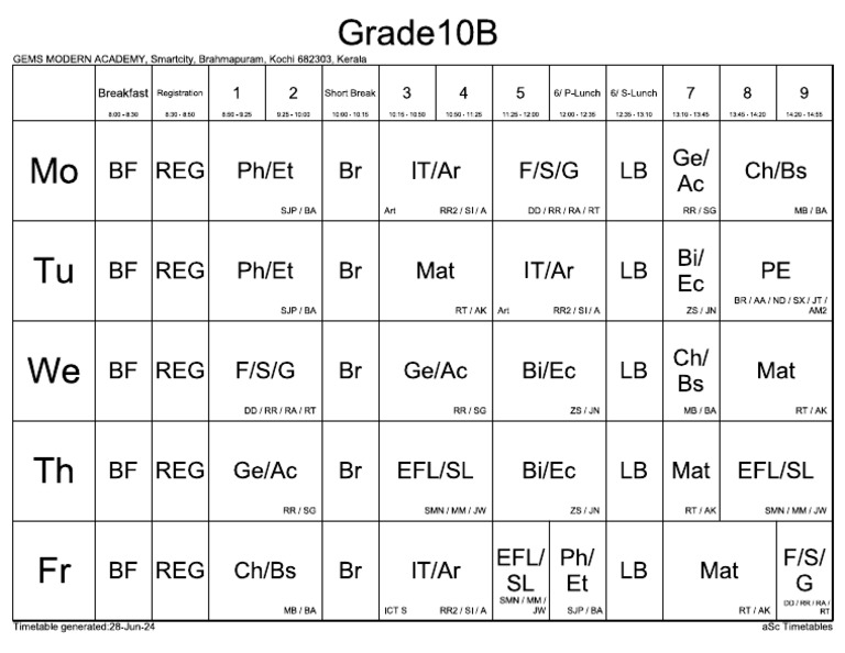 Revised Sec Class Timetable-10B | PDF