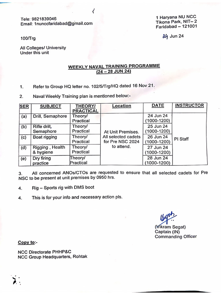 Weekly Naval TRG Programme 24 - 28 Jun 24 | PDF