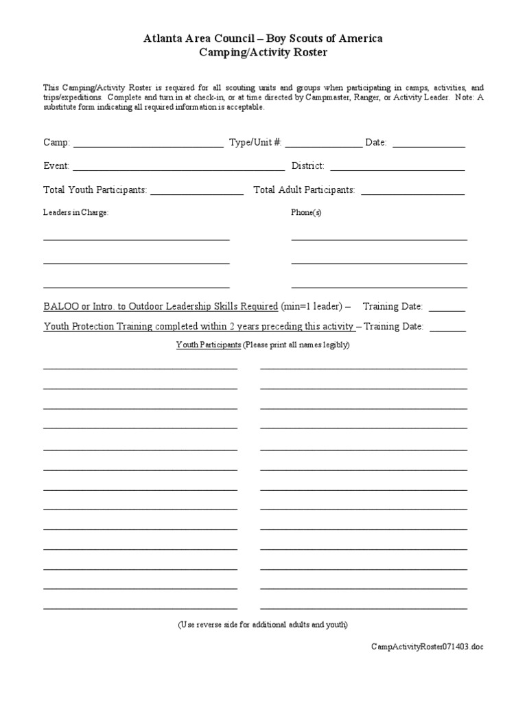 BSA AACCampingActivityRoster | PDF | Boy Scouts Of America | Patriotic ...