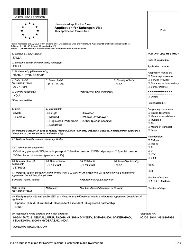Application Form Visa | PDF