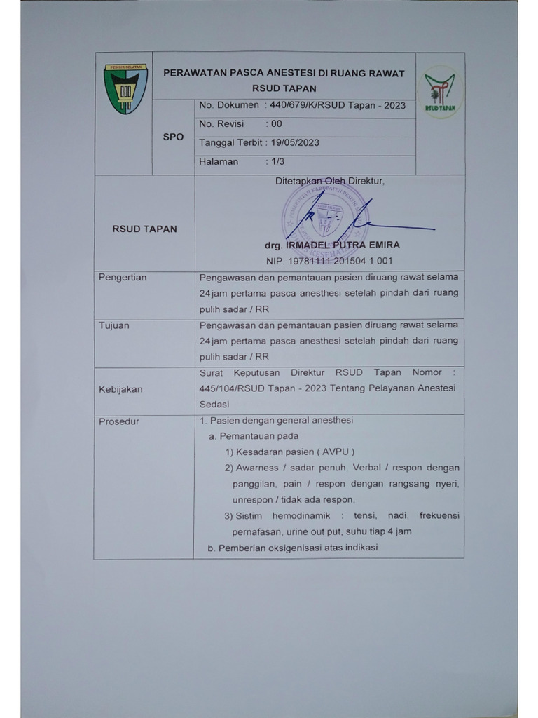 Spo Perawatan Pasca Anestesi | PDF