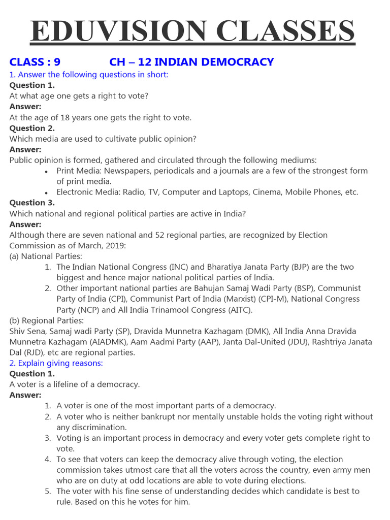 ch-12 Indian Democracy Q&A | PDF | Elections | Democracy