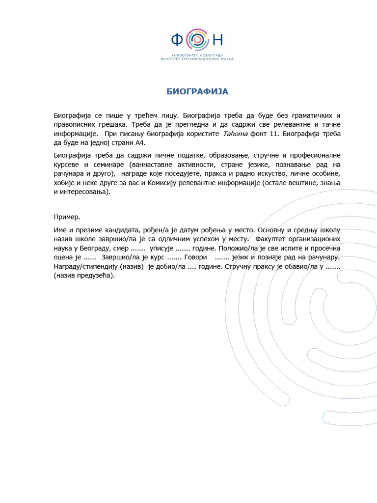 Prilog 6. Biografija Studenta | PDF