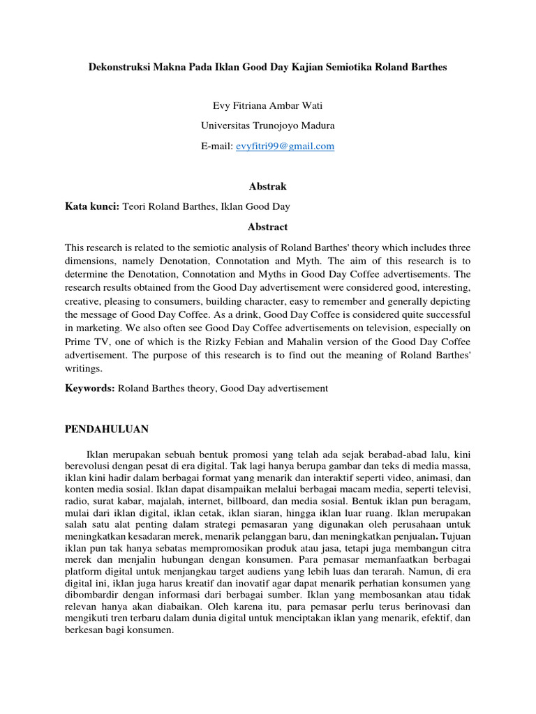 Dekonstruksi Makna Pada Iklan Good Day Kajian Semiotika Roland Barthes ...