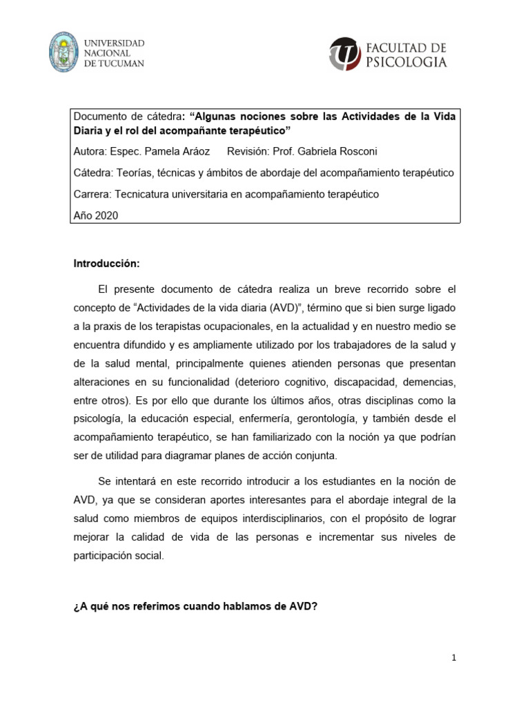 Documento de Cátedra AVD - Aráoz | PDF | Invalidez | Terapia ocupacional
