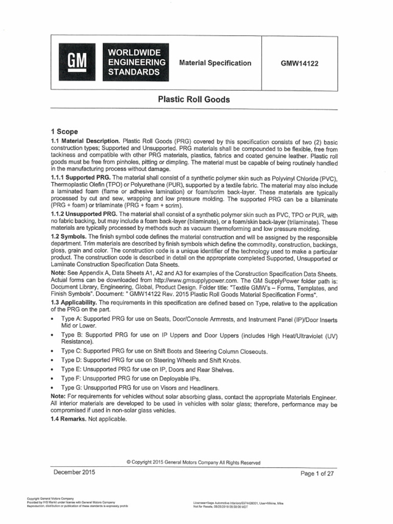 GMW 14122 - Dec 2015 - Plastic Roll Goods Mat SPC | PDF