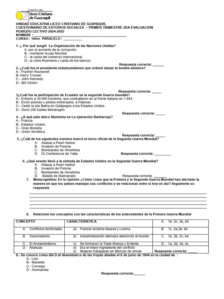 Cuestionario de Eess 10mo | PDF | Segunda Guerra Mundial | Primera Guerra Mundial